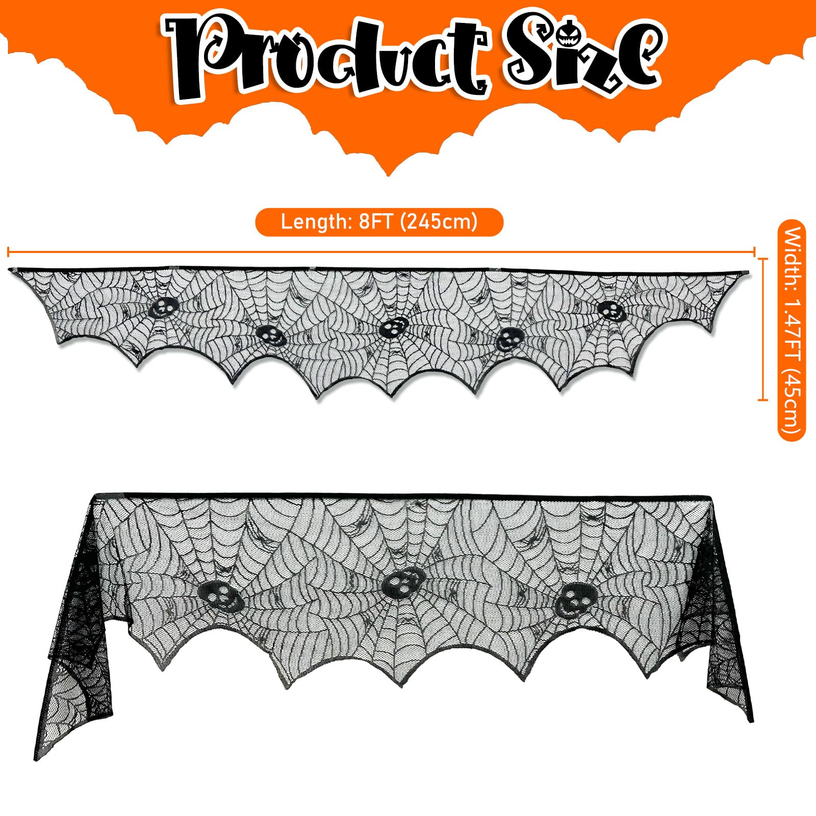 AerWo Halloween Decorations Indoor Halloween Fireplace Mantel Scarf, Black Lace Spiderweb Fireplace Cover for Halloween Mantle Decor Festive Party Supplies,18 x 98 inch