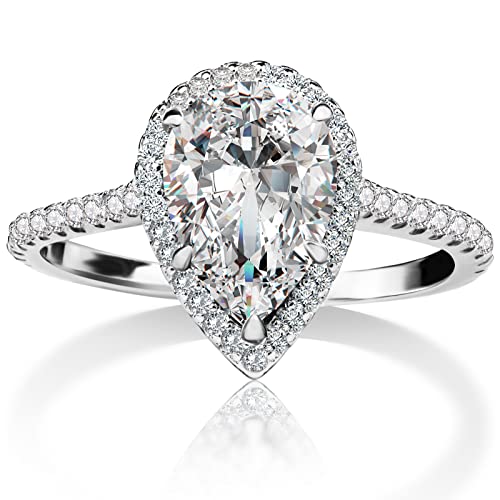 ABSOLUTE Pear Shaped 1.8 Ct CZ Engagement Rings for Women Cubic Zirconia Promise Ring For Her S925 Sterling Silver Rings Platinum Plated #Size #7