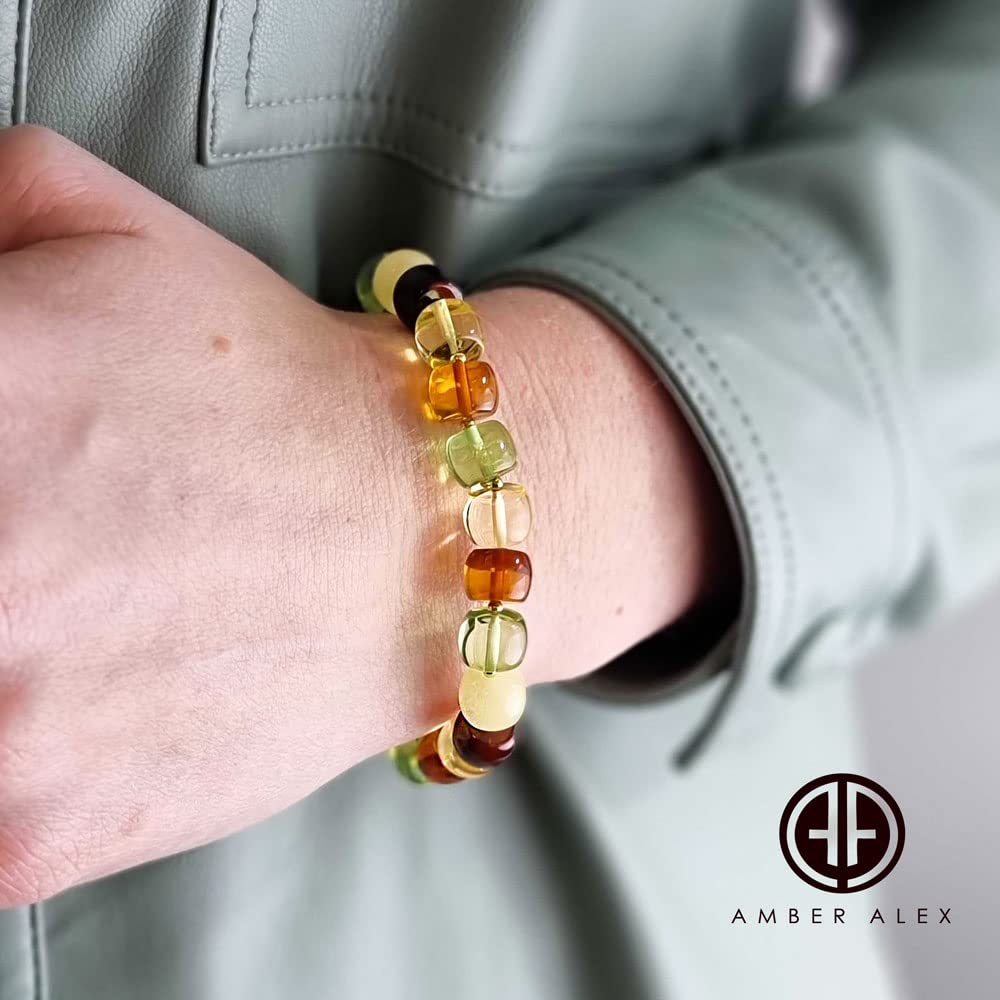 AMBER ALEX Multi-Color Amber Tablets Stretch Bracelet, Genuine Baltic and Caribbean Amber.