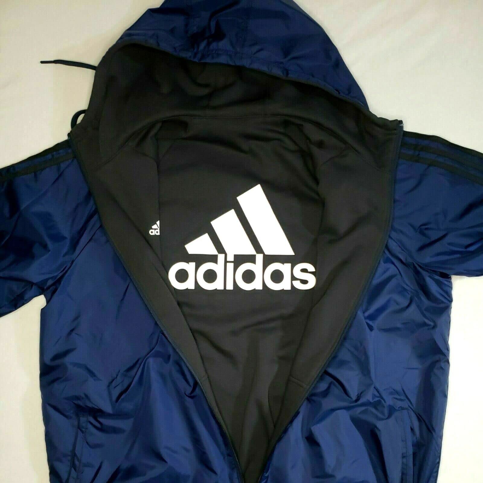 Adidas Men's Reversible Balance 3-Stripes Lightweight Hooded Jacket, Collegiate Navy/Black Small