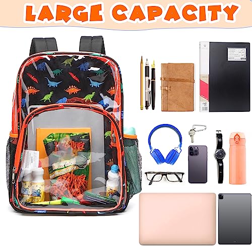 BLUEFAIRY Boys Clear Backpack Heavy Duty Stadium Approved Dinosaur Transparent Backpack Plastic See Through Bag for Kids for School Travel Gifts (Large Orange)