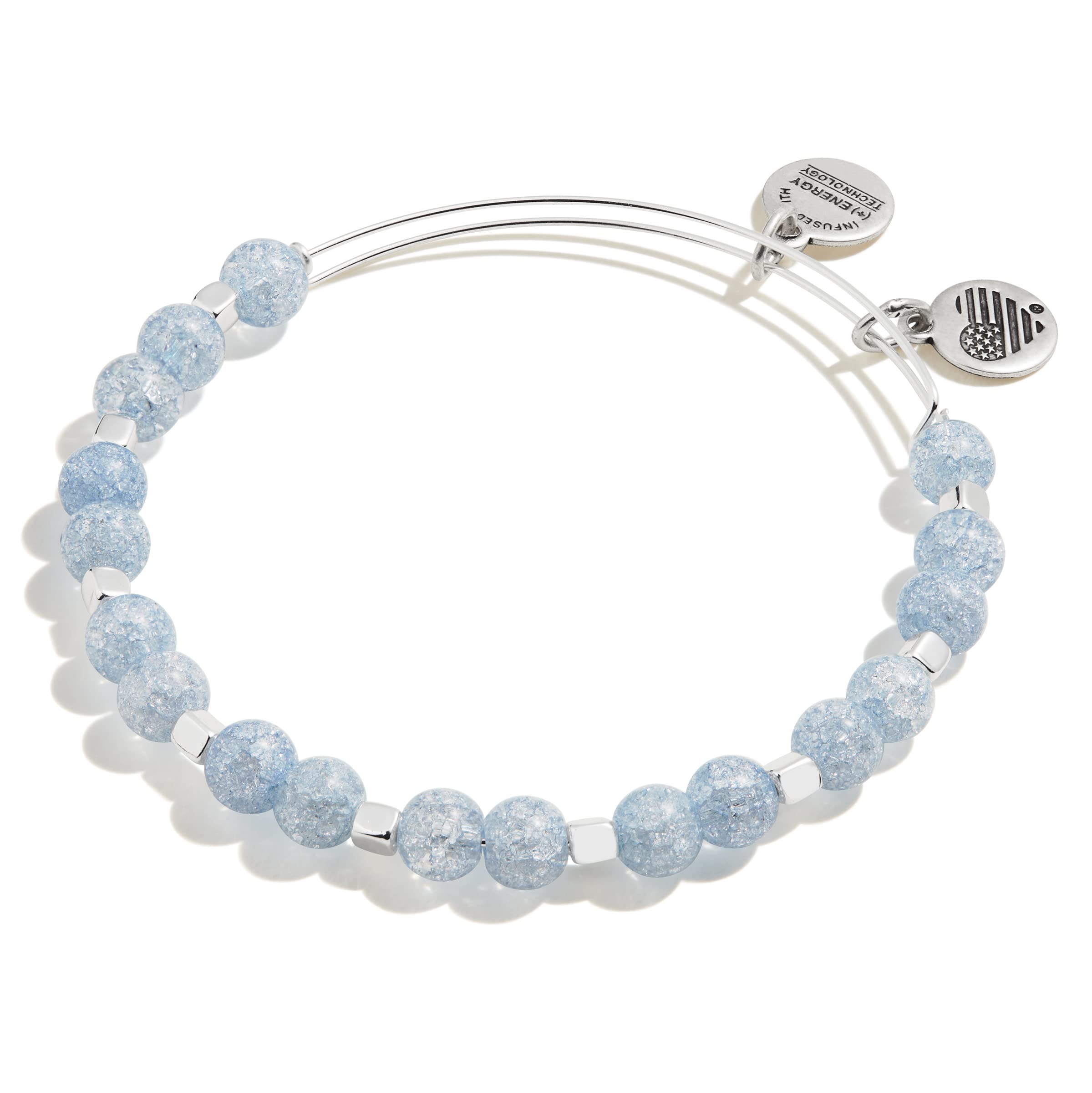 Alex and Ani Spring Celestial Beaded Expandable Bangle for Women, Powder Blue Beads, Shiny SIlver Finish, 2 to 3.5 in