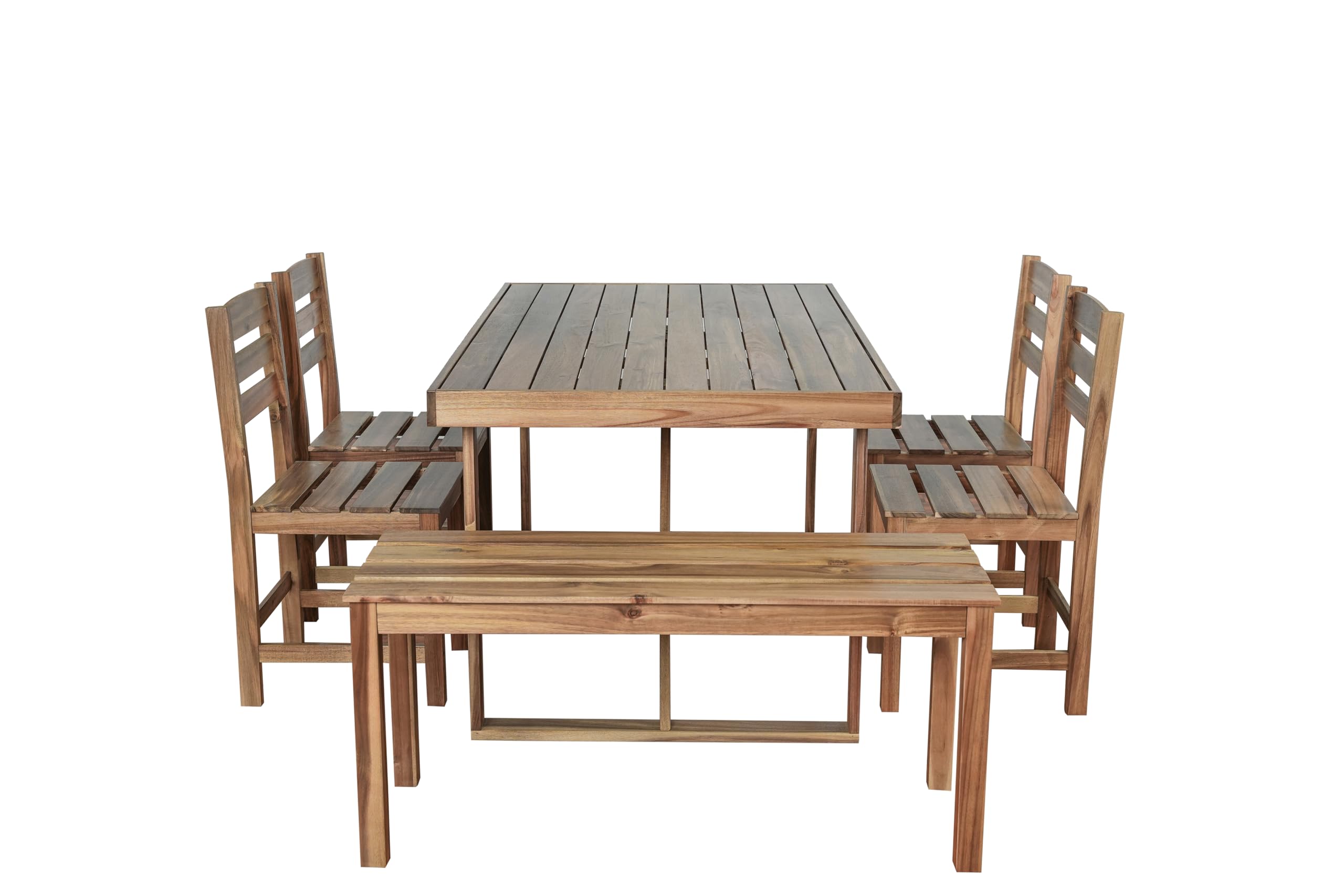 6 Person Outdoor Acacia Wood Dining Table Set, All Weather 6 Pieces Conversation Set, 60'' Rectangle Dining Table with 4 Chairs and Bench for Patio Backyard Garden Poolside Balcony (Natural-26)
