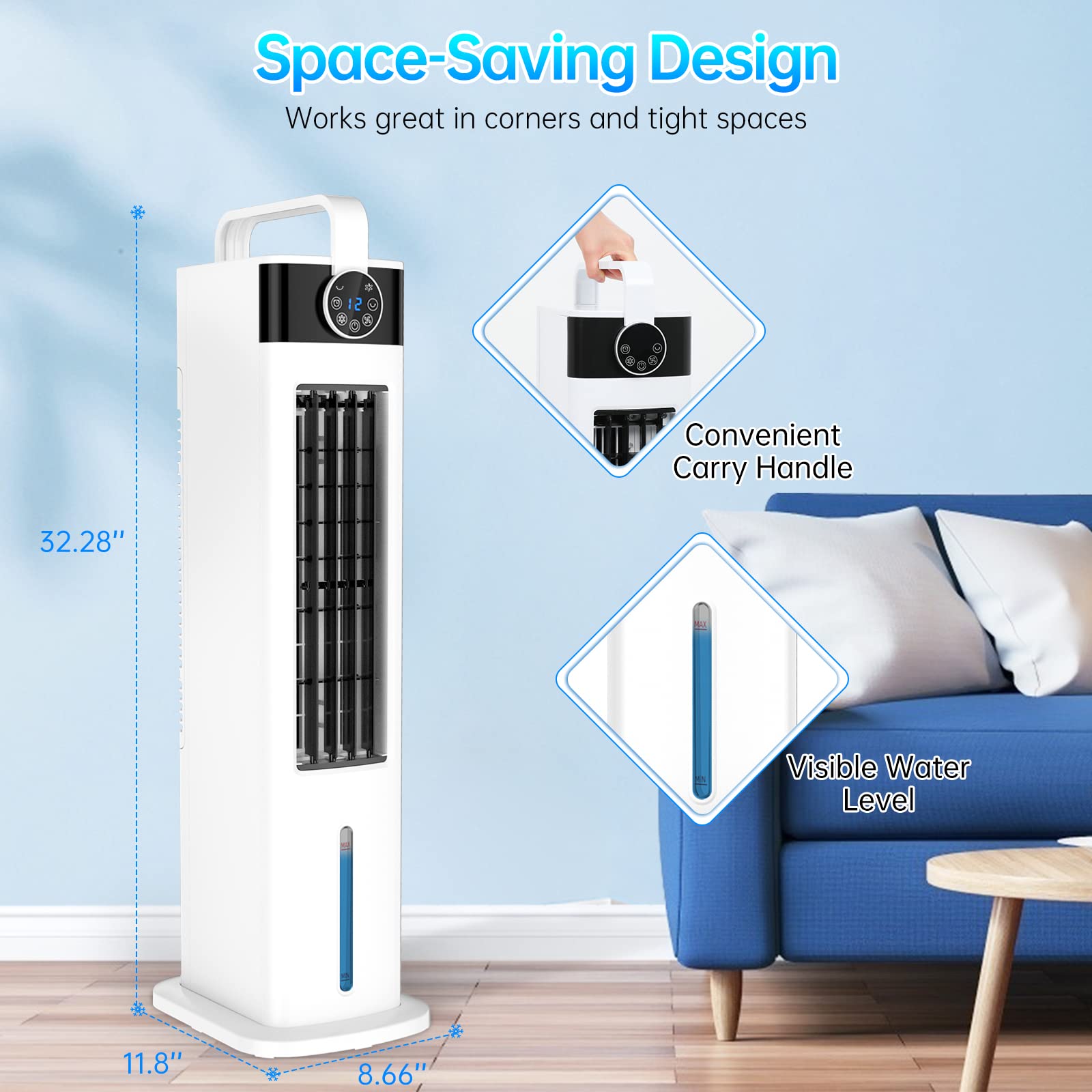 Evaporative Air Cooler, Portable Air Conditioner Fan, 35'' Evaporative Cooler with 3 Speeds & 52°Oscillation, 12-H Timer Remote Control Swamp Cooler w/Cooling Function for Home & Office