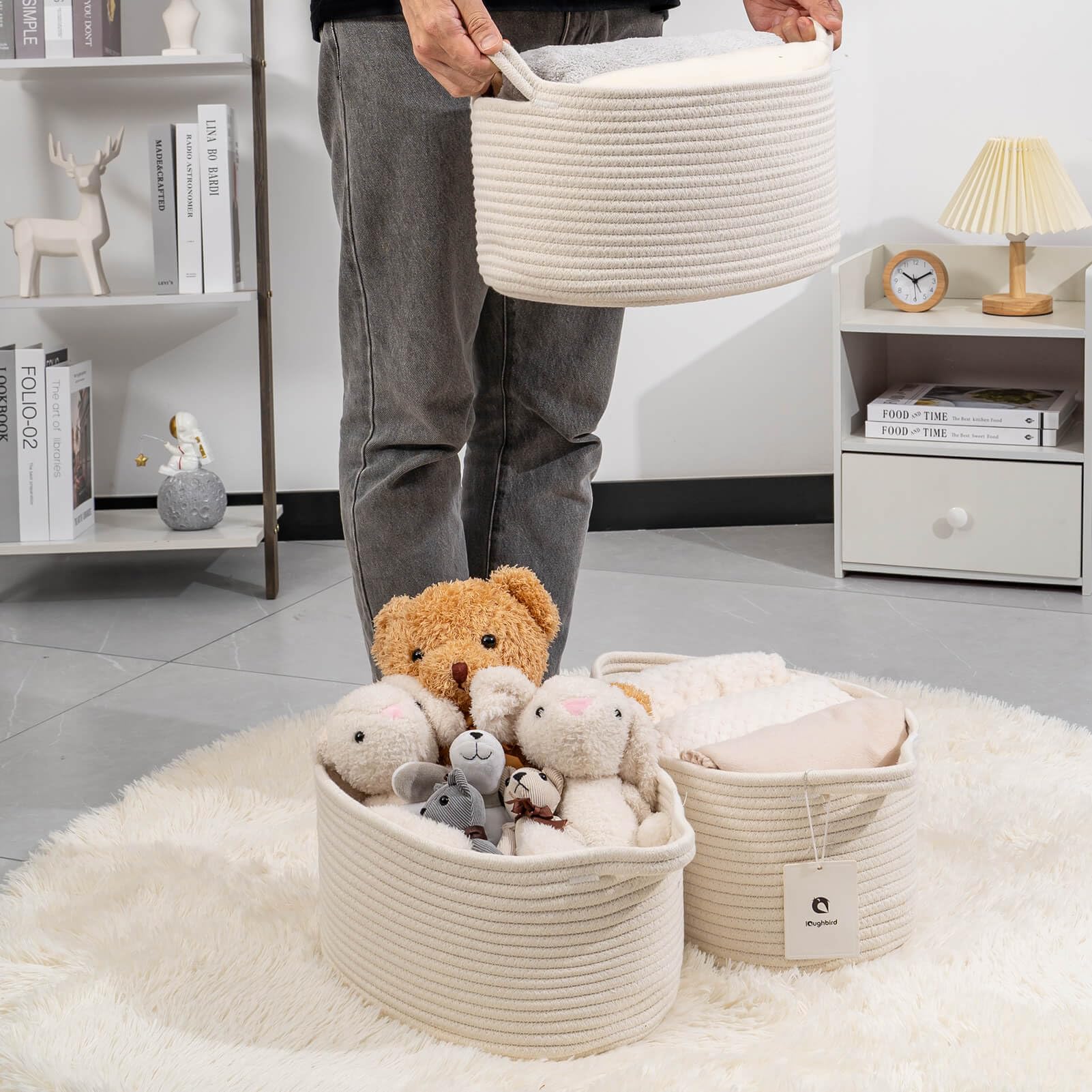 Laughbird Storage Box|Fabric Storage Basket Used to Organize The Shelf of Closet Shelf Baby Toys|Decorative Medium Woven Linen Closet Organizer, With Handle Cube (white, 3bags)