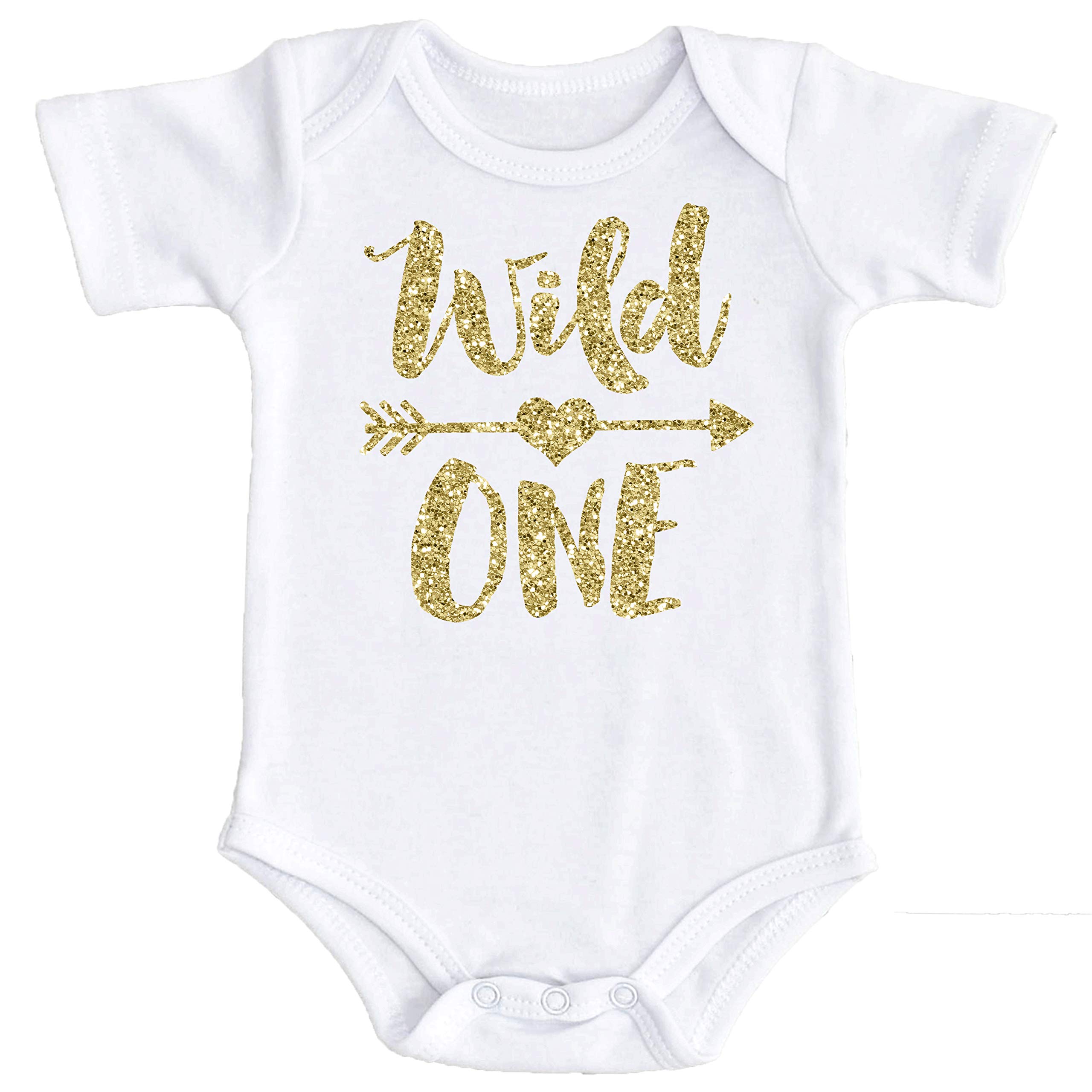 Olive Loves Apple Wild One Gold Glitter Girls 1st Birthday Bodysuit,Gold,6-12 months short sleeve