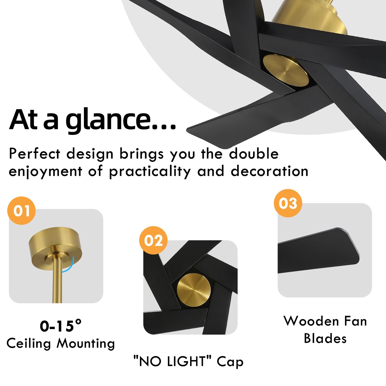 ACOZ 64" ABS DC Ceiling Fan No Light, 5 Blade ABS Plastic Ceiling Fan with Remote, 6-Speed Reversible DC Motor, Ceiling Fan without Light for Kitchen Bedroom Living Room, Brass and Matte Black