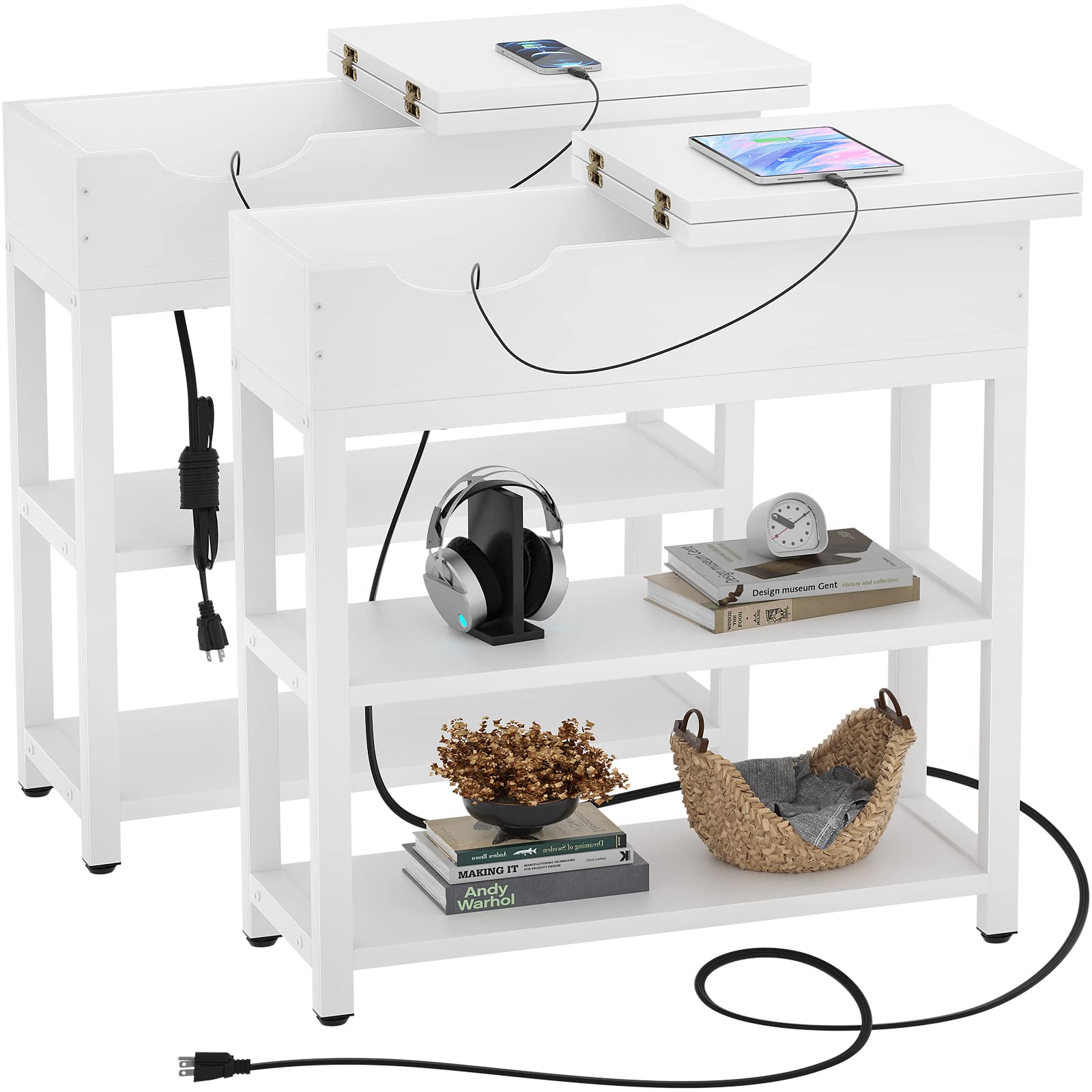 Aheaplus Sofa Side Table with USB Ports and Outlets, Narrow End Table Set of 2 with Charging Station, Bedside Nightstand with Storage Shelves, Slim Side Table，White