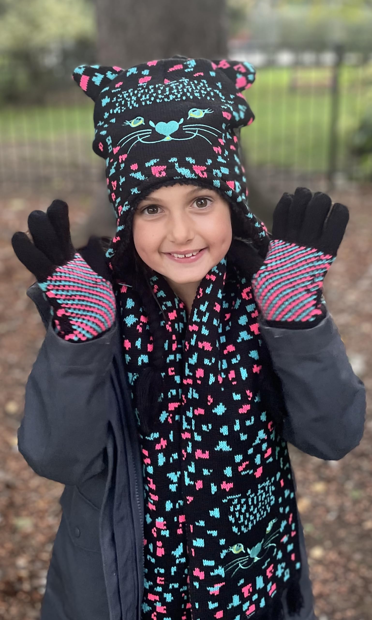 N'Ice Caps Kids Hat Glove Scarf Girls Winter Knit Accessory Set Warm Sherpa Lined 3 Piece (Black Kitten, 4-7 Years)