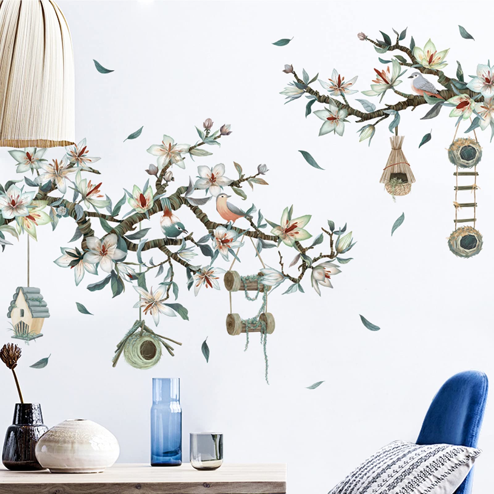 Birds on Magnolia Tree Branches Wall Stickers, ULENDIS DIY Removable White Blossom Flower Wall Decals, Birdcage Murals Wall Decor for Home Bedroom Living Room Corridor Stair