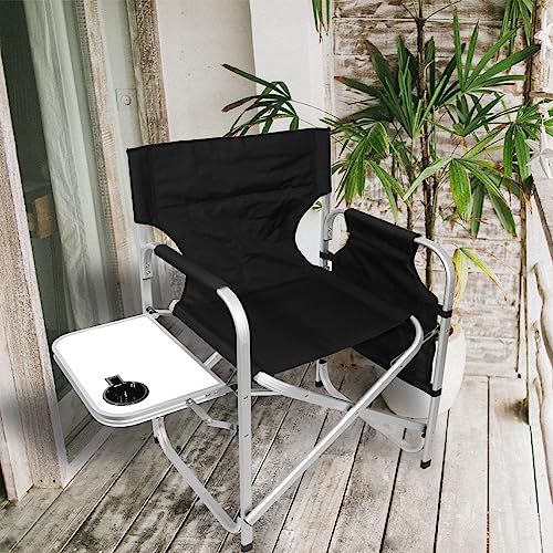 GDGYOFN Directors Chairs Foldable,Oversized Folding Chair with Side Table Cup Holder and Storage Bag, Lightweight Aluminum Outdoor Chairs, 400lbs Capacity Black