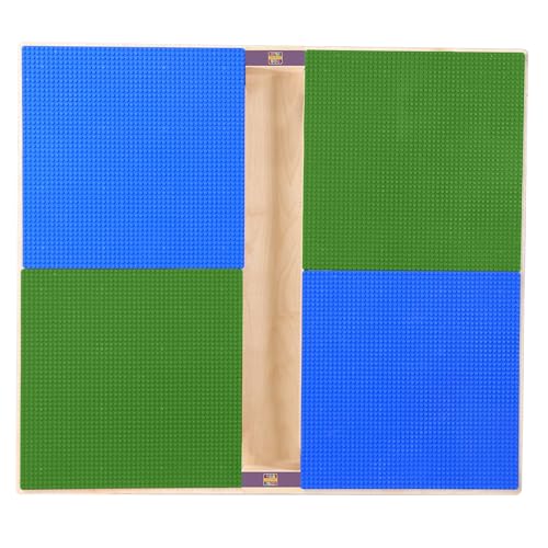 Time-2-Play Play Table Large 35” x 31” Surface Birch Plywood Red & Blue Montessori Lego Compatible Building Blocks Table with Trough for Kids 18”-29” Adjustable Legs (Caster Wheels, Blue & Green)