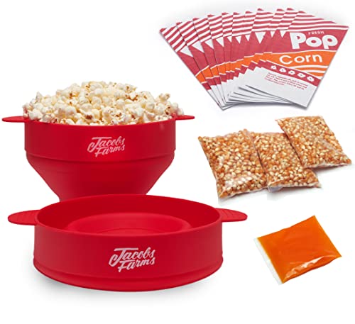 Large Silicone Microwave Popcorn Popper with Collapsible Bowl & Lid [Popcorn & Bags Included] Jacobs Farms Popcorn