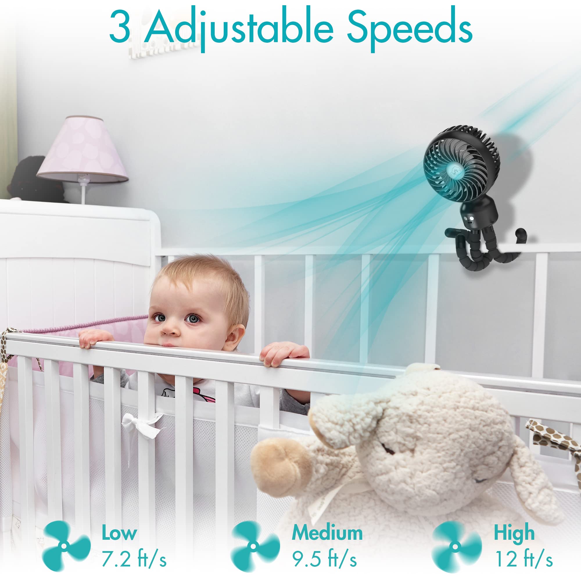COMLIFE Battery Operated Stroller Fan, Auto Rotation Portable Fan for Baby, Handheld Personal USB Desk Fan, 3 Speeds, Flexible Tripod for Crib Bike Treadmill