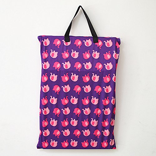 Large Hanging Wet/Dry Cloth Diaper Pail Bag for Reusable Diapers or Laundry (Purple Elephant)