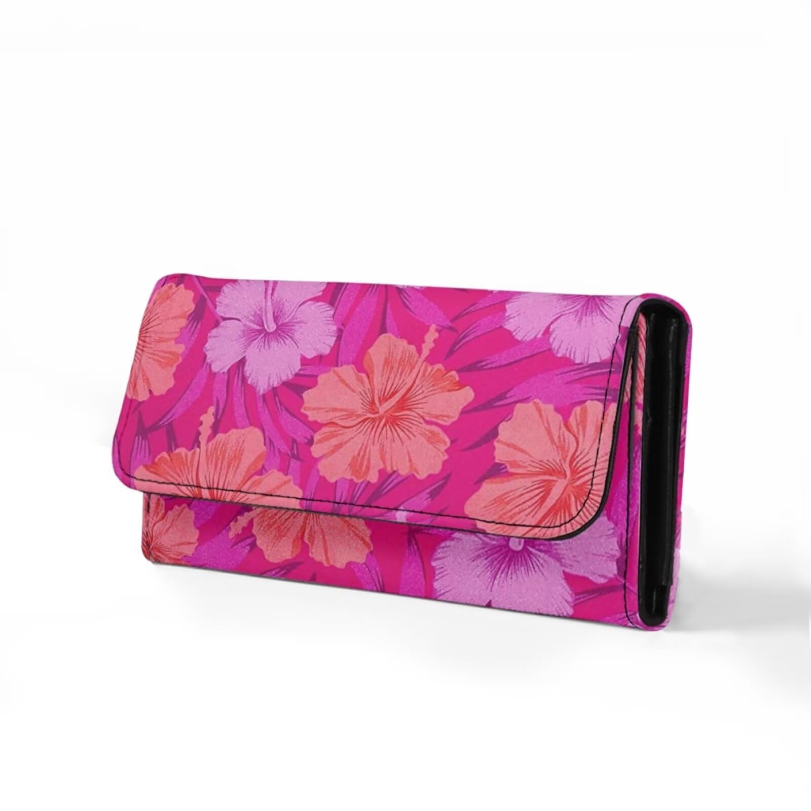 Howilath Womens Hibiscus Flower Wallet Clutch Organizer With Change Pocket, Credit Card Clutch Long Purse for Women - Hot Pink
