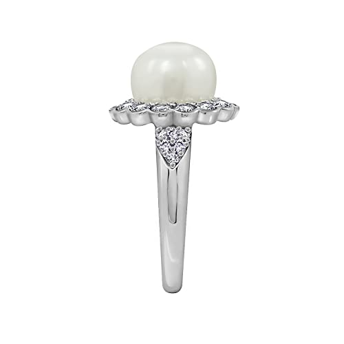 Amazon Collection Platinum Plated Sterling Silver Infinite Elements Cubic Zirconia Freshwater Cultured Flower Pearl Ring, Size 8
