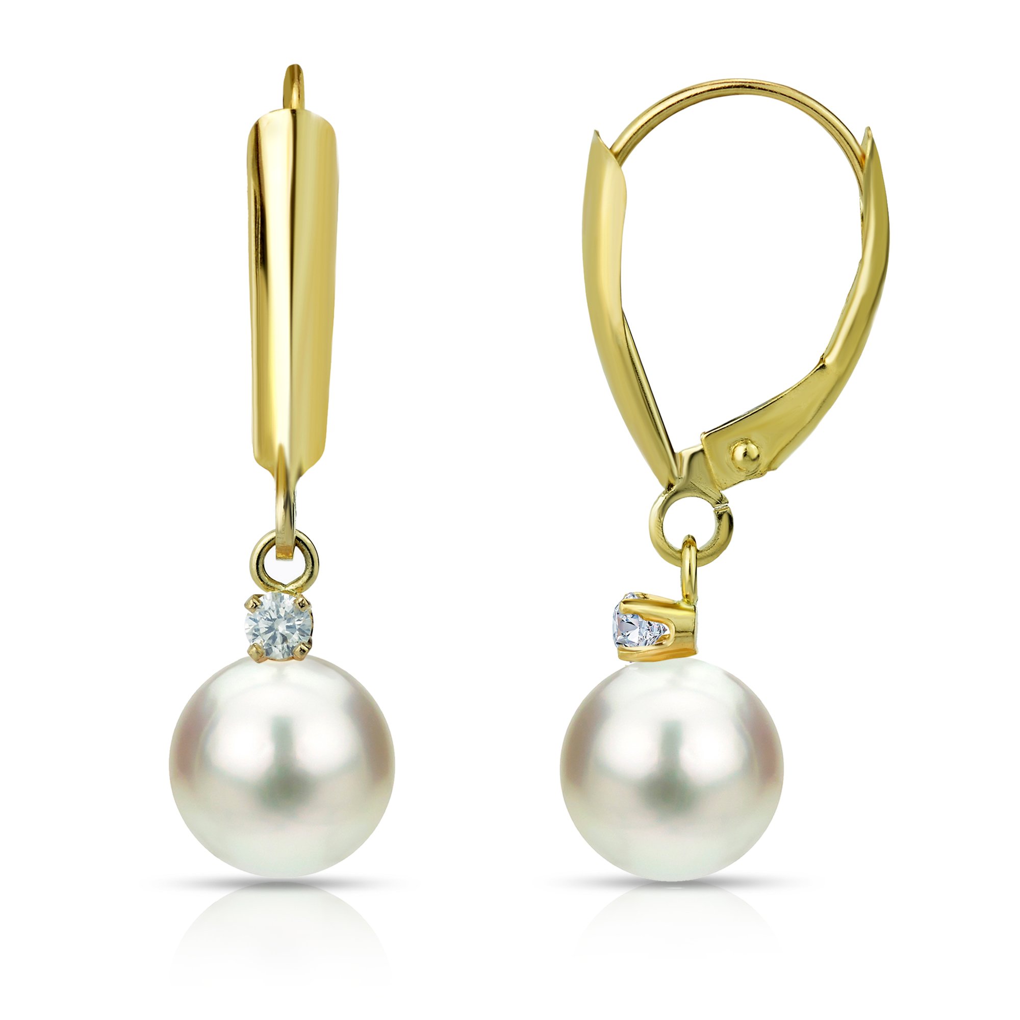 Amazon Collection 14k Yellow Gold 1/16cttw Diamond with 7-7.5mm Round White Freshwater Cultured Pearl Lever-Back Dangle Earrings