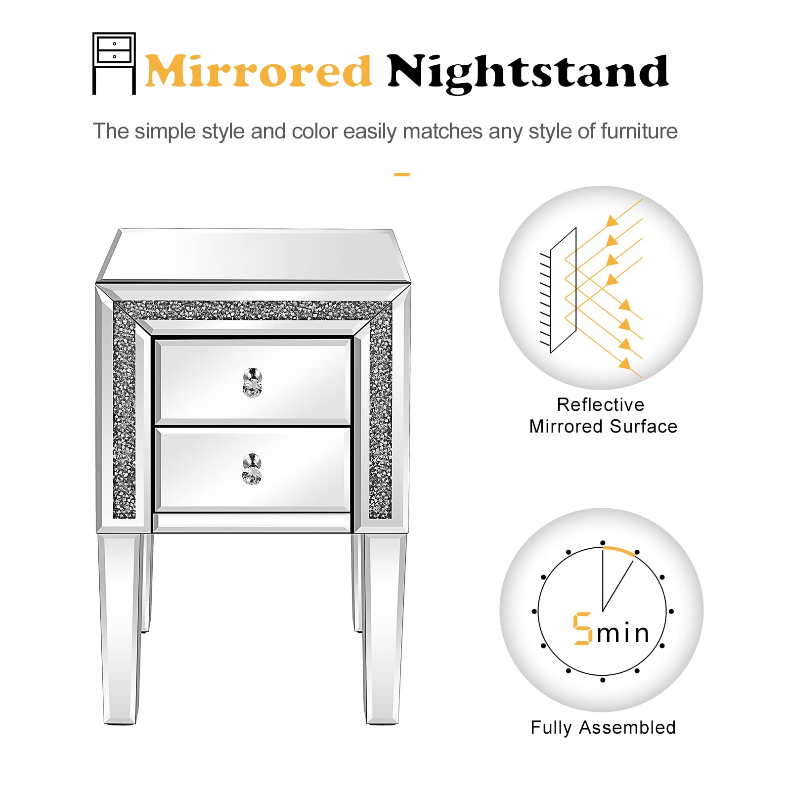 VINGLI Mirrored Nightstand, Mirrored Bedside Table with Drawer, Mirror Silver Night Stand, Mirrored Glass End Table Crushed Diamond Glitter Night Stand for Small Spaces/Bedroom/Living Room, Silver