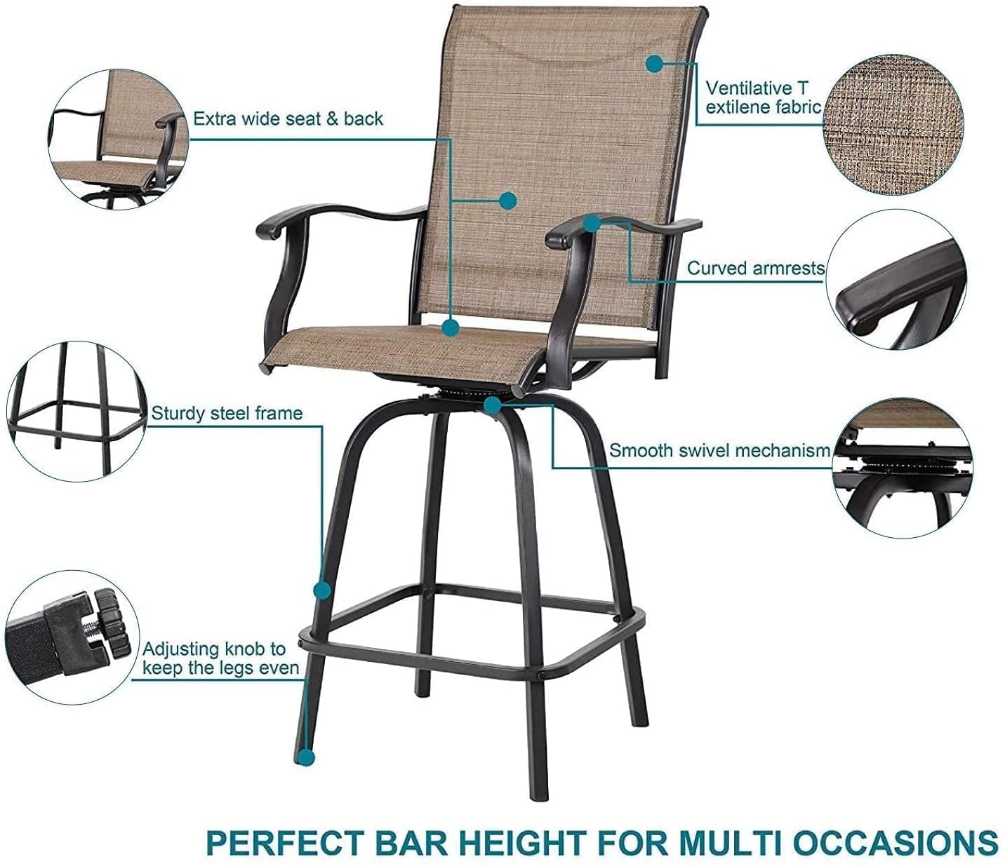MFSTUDIO Outdoor Bar Stools Set of 4, Patio Bar Height Sling Chairs, Steel Frame All-Weather Resistant,Breathable Textilene Fabric
