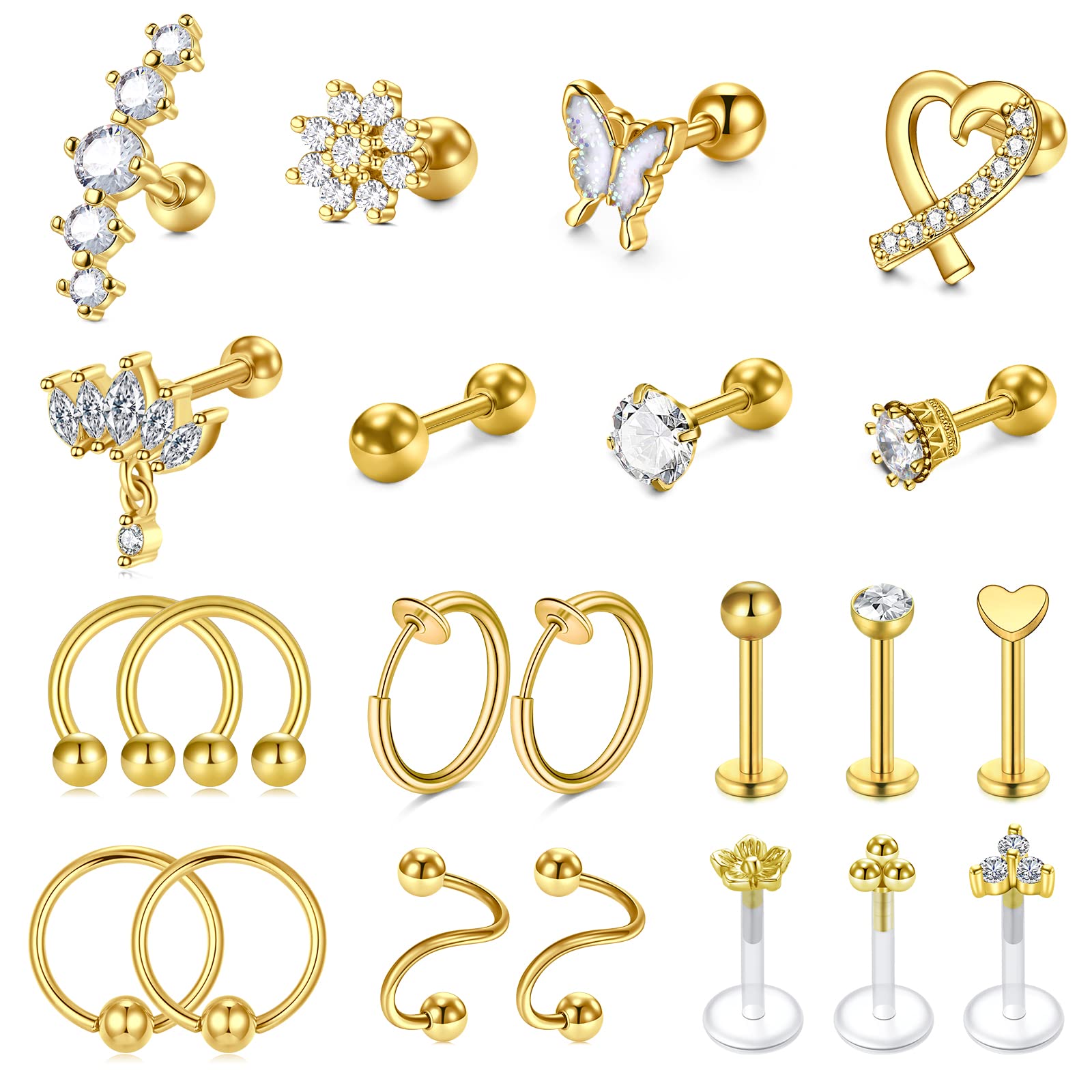 Anicina 16G Cartilage Earring Cubic Zirconia Tragus Helix Piercing Jewelry Surgical Steel Cartilage Hoop Earring Plastic Lip Ring Medusa Septum Couch Hoop Piercing Jewelry Set Gold