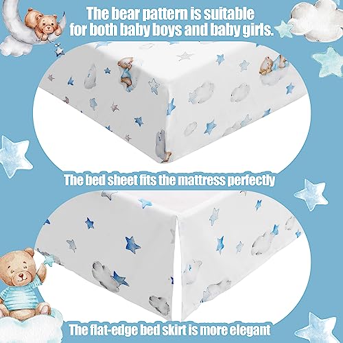 Mixweer 3 Pcs Cloud Balloon Bear Theme Crib Bedding Set for Boys Baby Nursery Mini Crib Bedding Set Comforter Sets Blue Gender Neutral Standard Size Crib Fitted Sheet, Comforter, Crib Skirt, for Girl