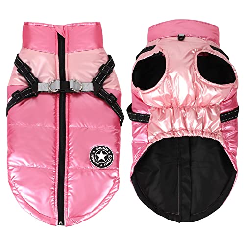 Beirui Waterproof Dog Winter Coat with Harness - Warm Zip Up Puffer Vest Dog Jacket with Dual D Rings - Reflective Cold Weather Dog Clothes for Puppy Small Medium Dogs,Pink(Chest 18β)