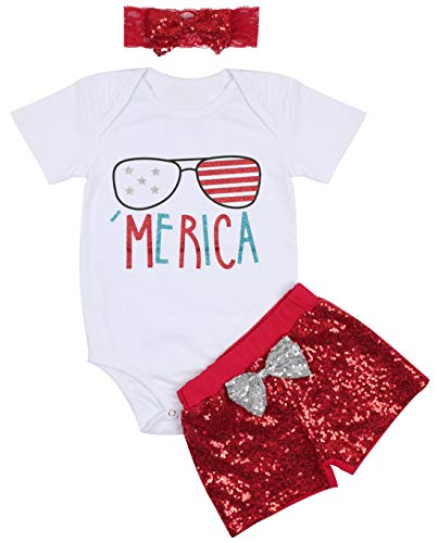 UNIQUEONE 3Pcs Baby Girls Merica Flag Stars Print Romper Bodysuit Sequins Shorts+Headbands Sets