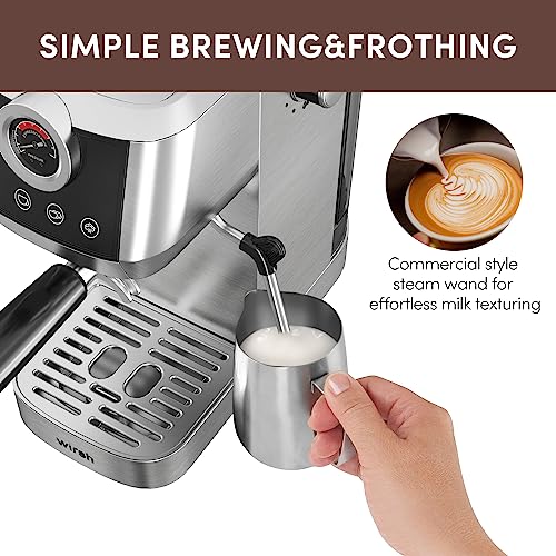 Espresso Machine, Wirsh 20 Bar Espresso Coffee Maker with Plastic Free Portafitler and Steamer for Latte and Cappuccino, Expresso Coffee Machine with Pressure Gauge, Touch Screen, Full Stainless Steel (Home Barista Plus)