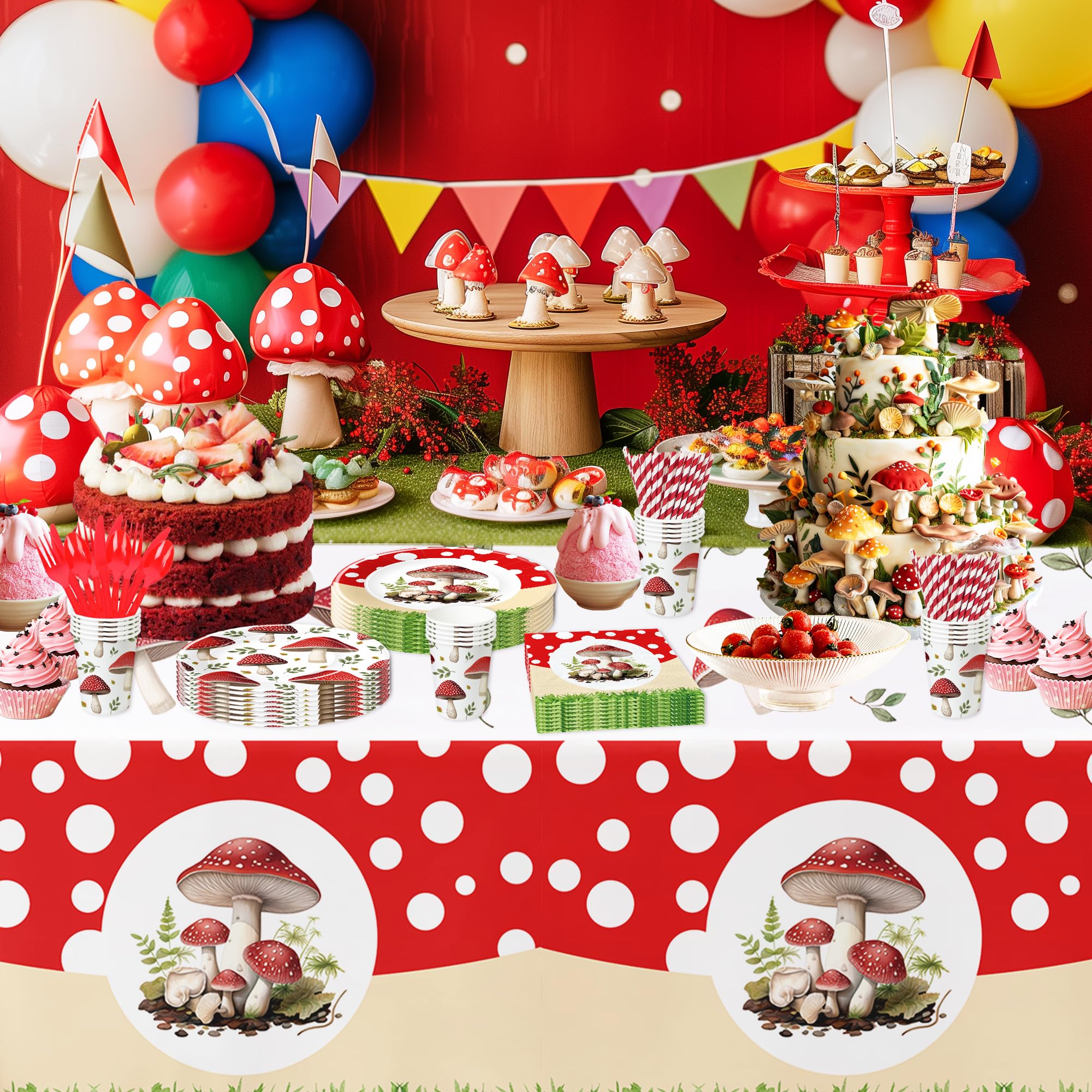 APOWBLS Mushroom Party Decorations Tableware, Mushroom Birthday Party Supplies, Paper Plate, Cup, Napkin, Disposable Cutlery, Tablecloth, Straws, Mushroom Baby Shower Decorations Dinnerware | Serve 24