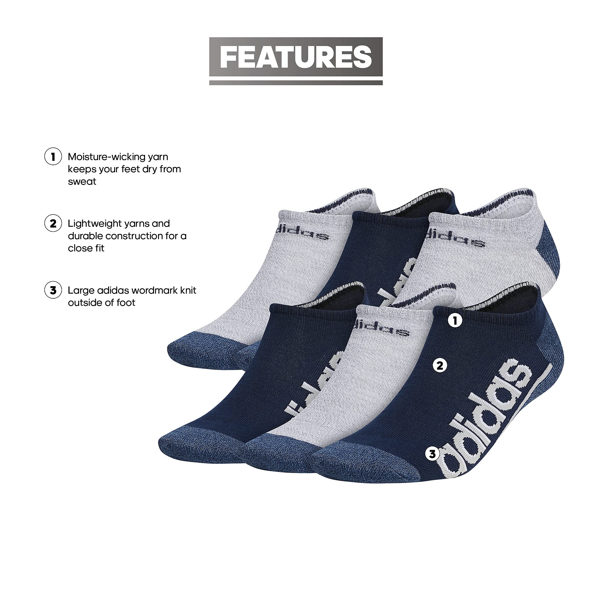 adidas Men's Superlite Linear 3.0 No Show Socks (6-Pair), Collegiate Navy/Wonder Steel Blue/Clear Onix Grey, Large
