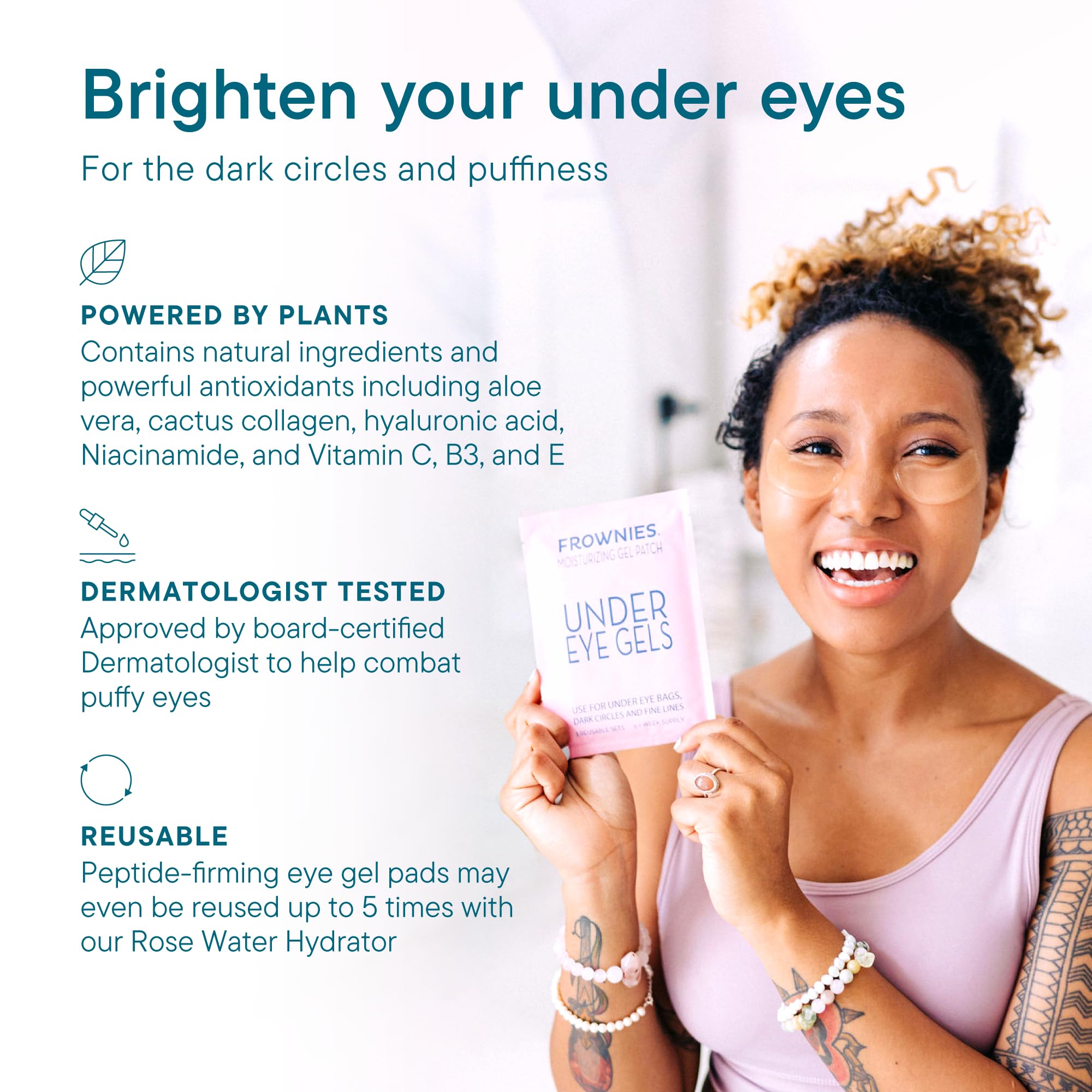 Frownies Under Eye Gel Patches for Puffy Eyes - Dark Circles with Cactus Collagen - Reusable, 3 Pack