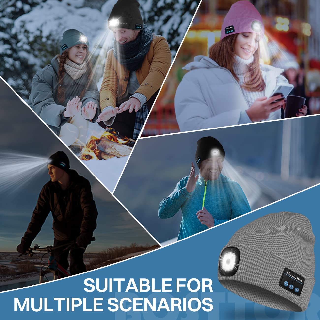 Bosttor Bluetooth Beanie Hat with Light, Headlamp Cap with Headphones and Built-in Speaker Mic, Gifts for Men Women Teen