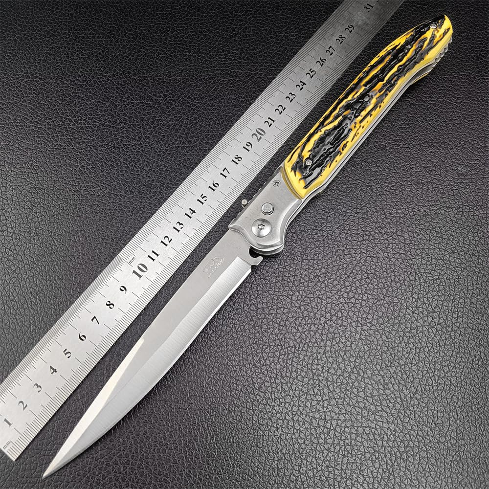 Generic EDC Push Button Lock 12"" Pocket Knife with Slide Safety Lock,Assisted Opening Folding Knives,Stainless Steel Blade and Wooden Pattern Handle,Combat Knife for Camping Hunting