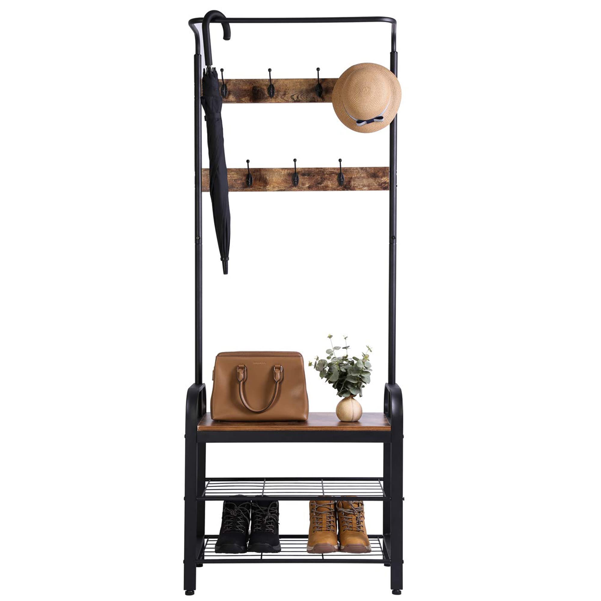 Sunnyglade Vintage Coat Rack Shoe Bench, Hall Tree Entryway Storage Shelf, Wood Look Accent Furniture Metal Frame, 3 in 1 Design, Easy Assembly