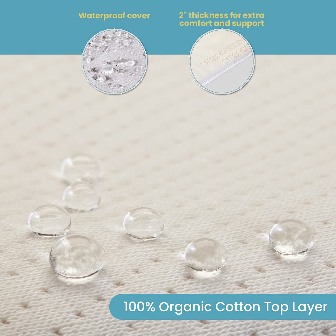 LA Baby Rectangular Bassinet Mattress Pad, 2" with 100% Organic Cotton Top Layer on Waterproof Cover - Made in USA