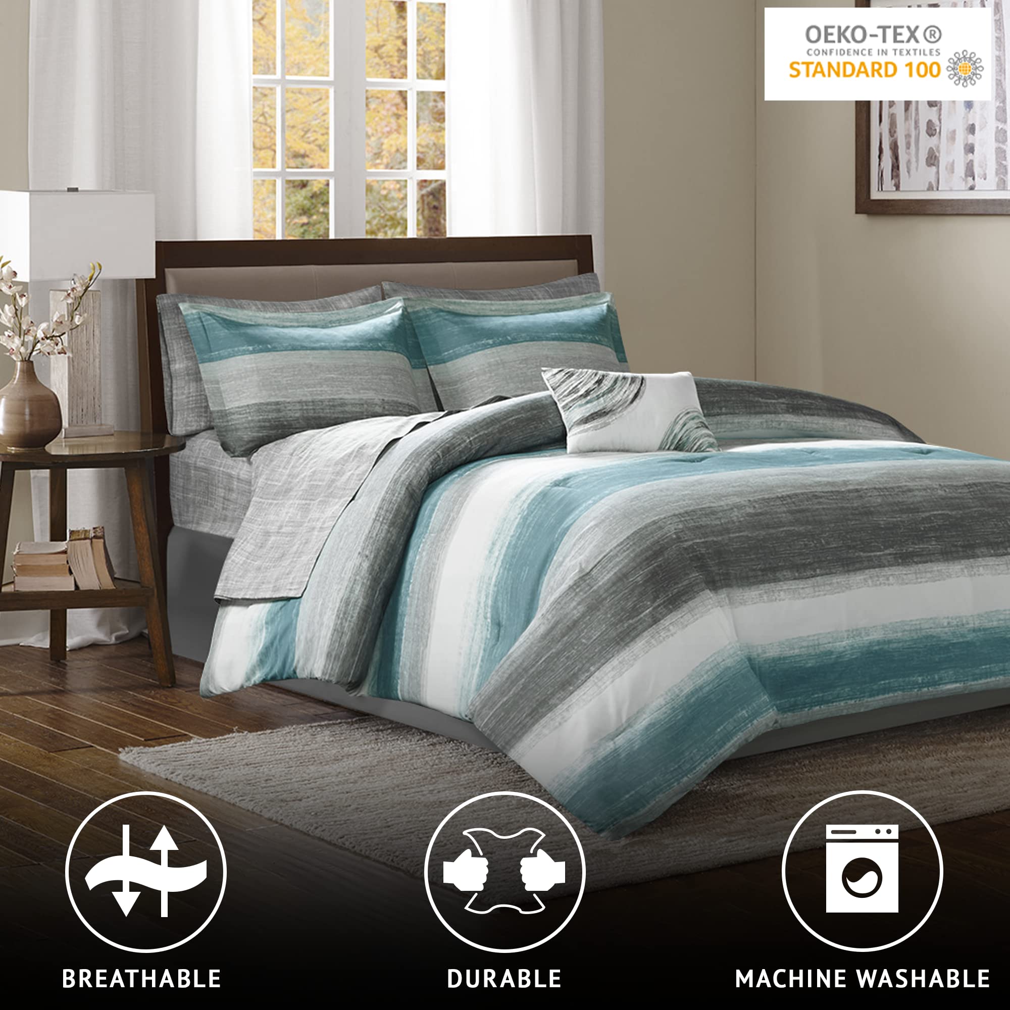 Madison Park Essentials Bed in a Bag Comforter, Vibrant Color Design All Season Down Alternative Cover with Complete Cotton Sheet Set, Queen (90"x90"), Saben, Stripe Aqua 9 Piece