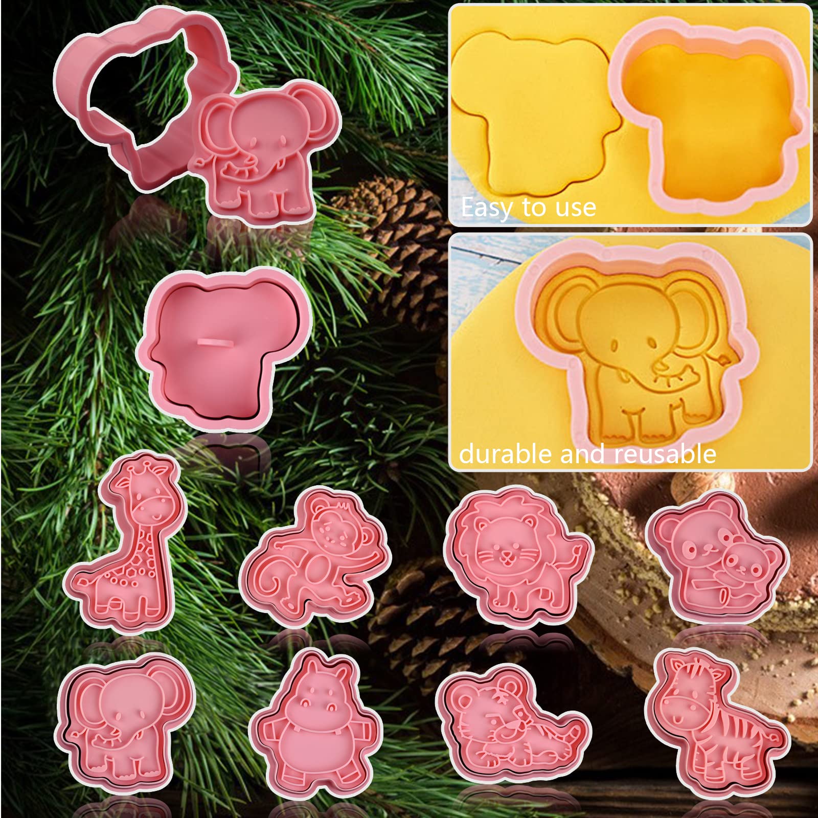 Animal Cookie Cutters With Plunger Stamps Set,8 Piece 3D Animal Embossing Cutters For Biscuit Fondant Cheese Baking Molds