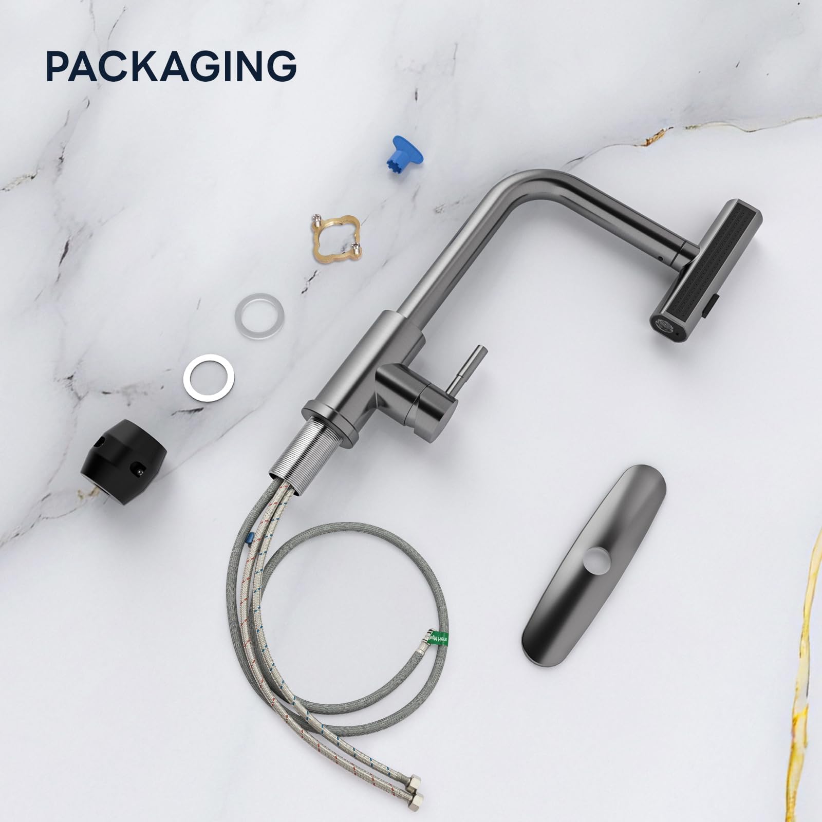 APPASO Waterfall Kitchen Faucet with Pull Down Sprayer, Black Stainless Kitchen Faucet with Sprayer 3 Modes, Gunmetal Gray Stainless Steel 360° Swivel Kitchen Sink Faucet, Single Handle Kitchen Faucet