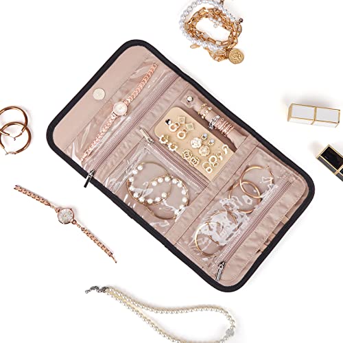 BELALIFE Travel Jewelry Case Organizer, Foldable Jewelry Storage Roll for Earrings, Necklaces, Rings, Bracelets, Brooches, Black