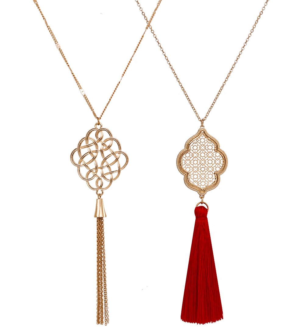 ALEXY 2Pcs Long Chain Pendant Necklace Set, Filigree Quatrefoil and Celtic Knot Pendant Tassel Y Necklaces for Women (B Gold + Gold)