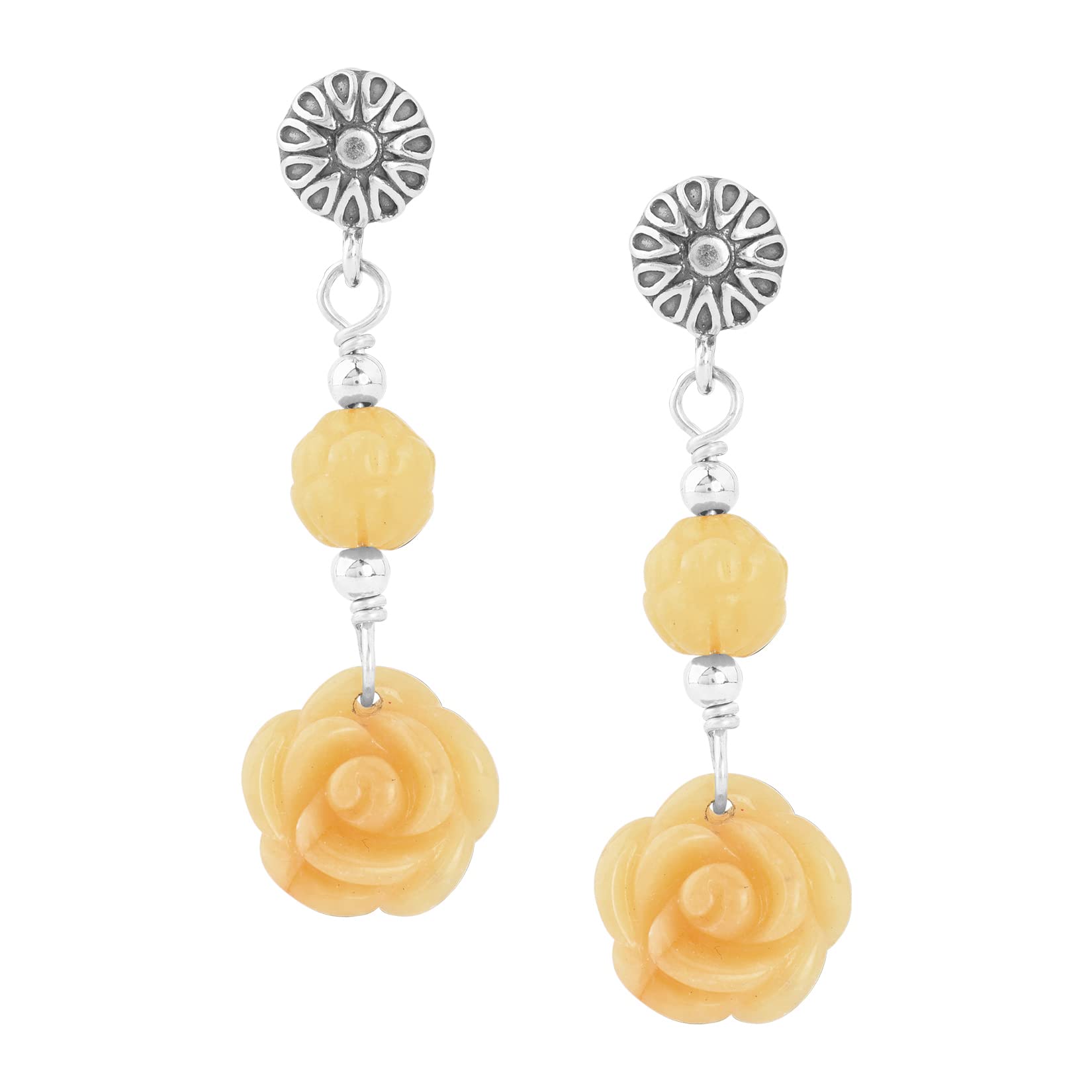 American West Sterling Silver Women's Drop & Dangle Earrings Yellow Jasper Gemstone Flower Design