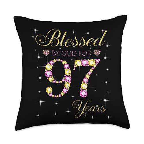 Blessed by God 97th Birthday Gift for Ladies Blessed by God for 97 Years Old 97th Birthday Gift for Women Throw Pillow, 18x18, Multicolor