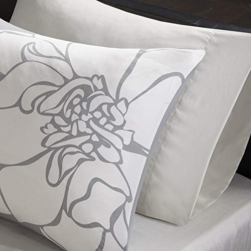 Madison Park Lola Sateen Cotton Comforter Set-Casual Medallion Floral Design All Season Down Alternative Bedding, Shams, Bedskirt, Decorative Pillows, Queen, Grey/Blush 7 Piece