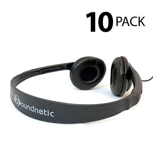 Soundnetic SNCCV Classroom Stereo Headphones with Leatherette Earpads and Volume Control, Black, Count of 10, Pack of 1