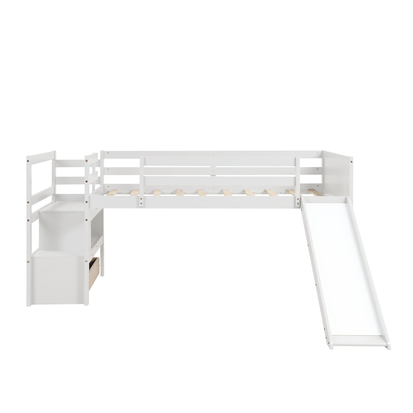 Low Loft Bed with Slide and Stairs Twin Loft Bed with Storage Wood Bed Frame for Kids Teens Girls Boys, White