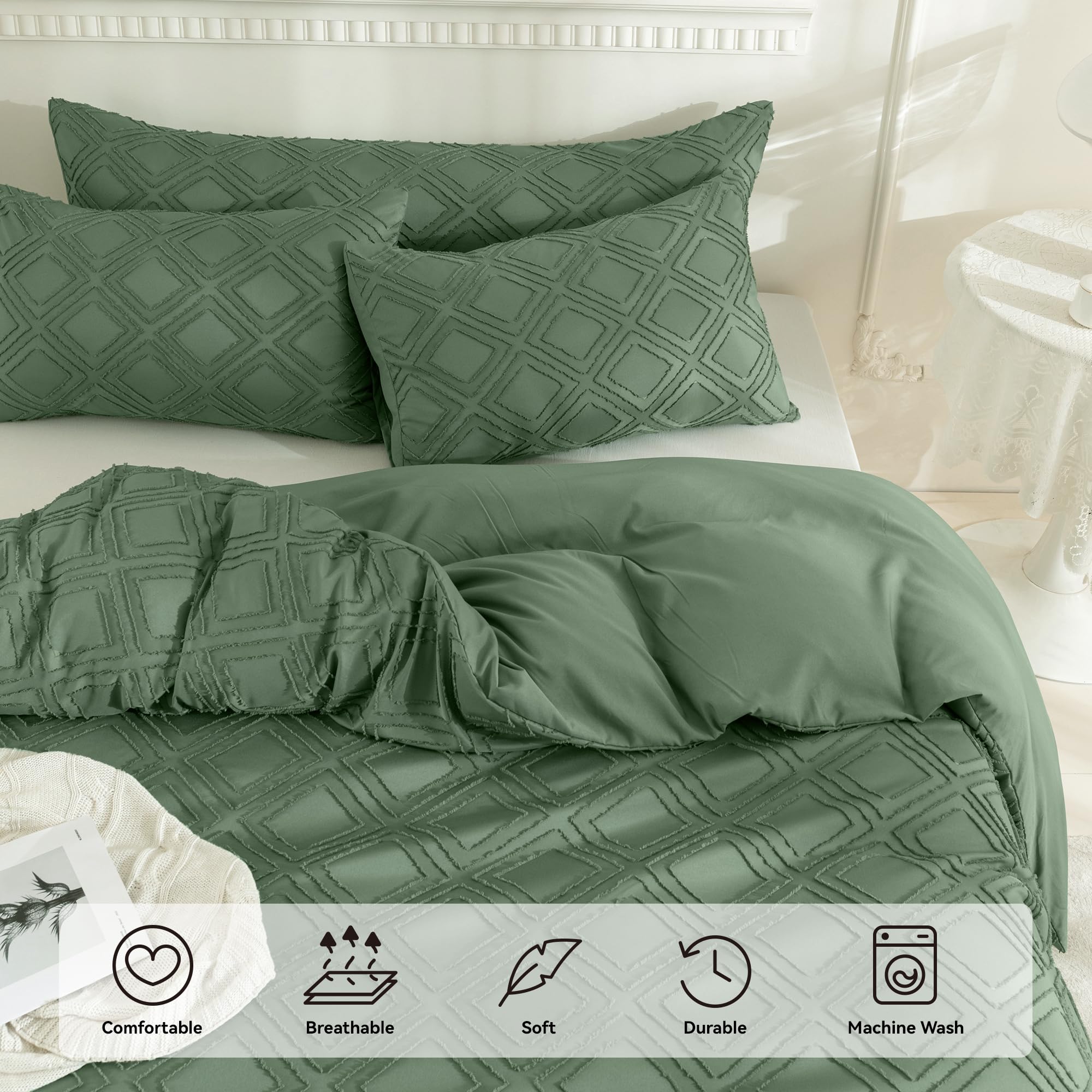 JELLYMONI Green Duvet Cover Full Size - 3 PCS Microfiber Tufted Duvet Cover Set, Boho Textured Duvet Cover Jacquard Rhombus Geometric Pattern Duvet Cover with Corner Ties & Zipper Closure