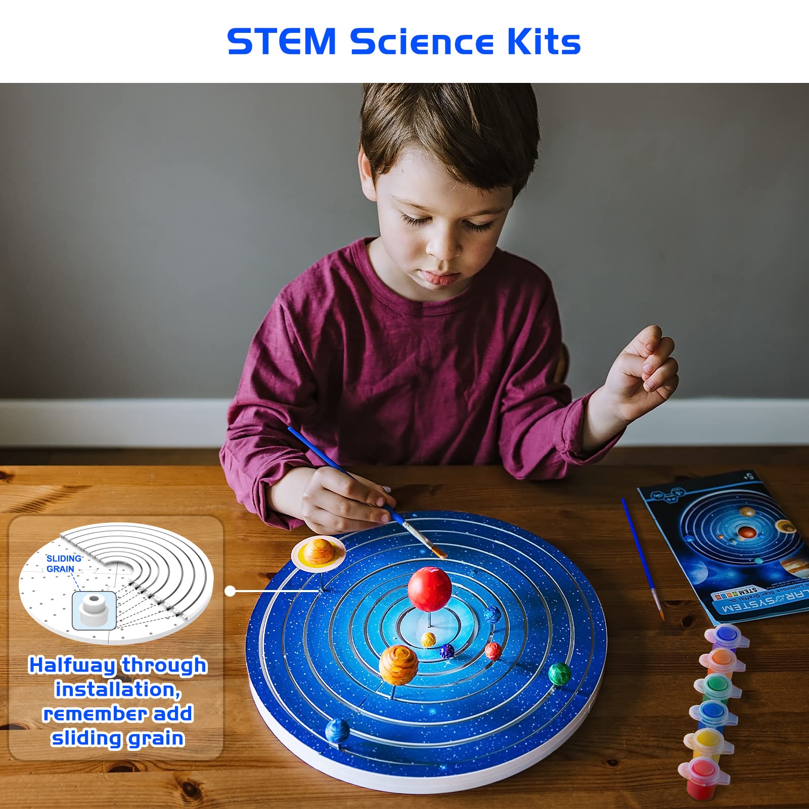 GPTOYS 3 in 1 Build and Paint Solar System for Kids, Arts and Crafts Science Kits for Kids Age 4-6-8-12, Glow in The Dark Movable 3D Planets in Orbits, Cool 12" STEM Toys with Galaxy Star Stickers