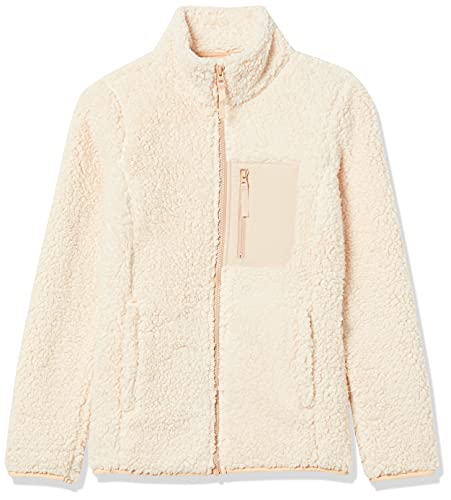 Amazon Essentials Women's Sherpa Long-Sleeve Mock Neck Full-Zip Jacket with Woven Trim (Available in Plus Size), Beige Color Block, Medium