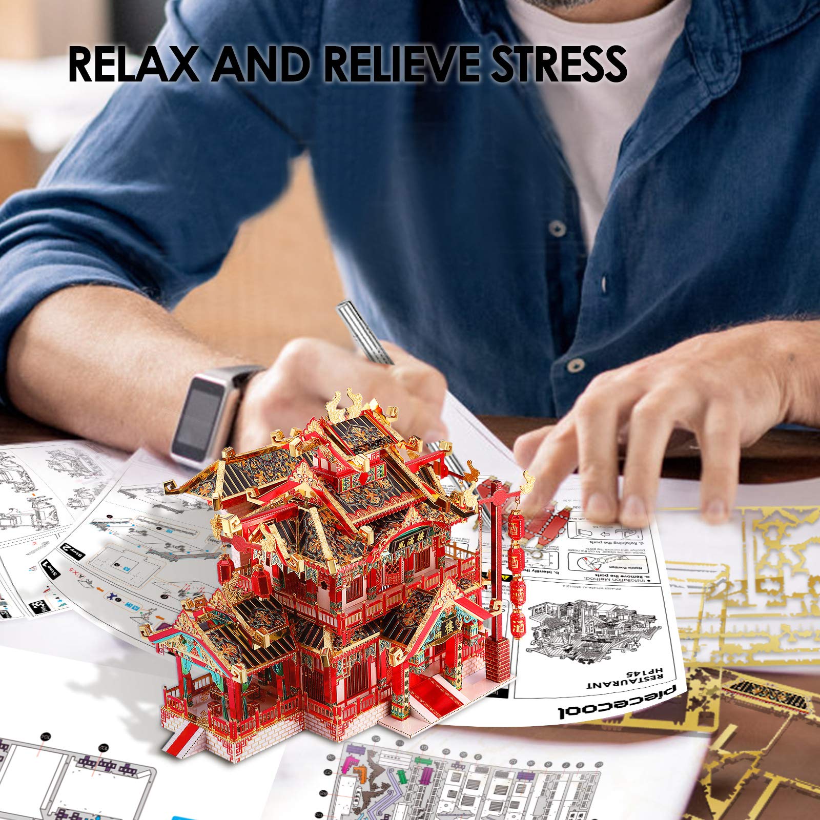 Piececool 3D Puzzles for Adults Metal Model Kits, Chinese Ancient Reataurant 3D Metal Puzzle, Traditional Architecture Building Puzzle DIY Toys, Great Gift Idea-215 Pcs